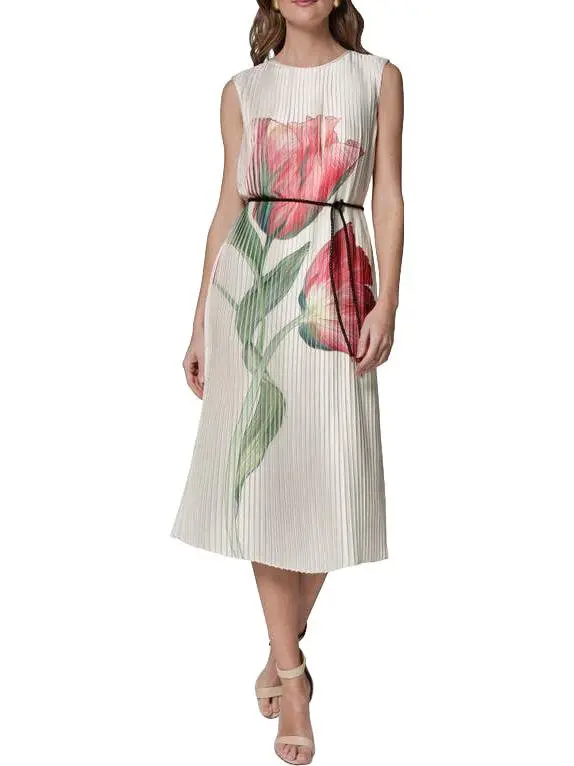 Donna Karan New York Floral Pleat Satin Midi Dress - Geranium Multi