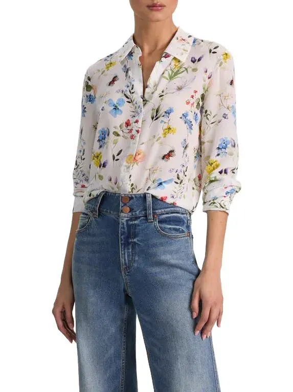 Alice + Olivia Willa Floral Silk Button-up Shirt - Twisting Vines Off White