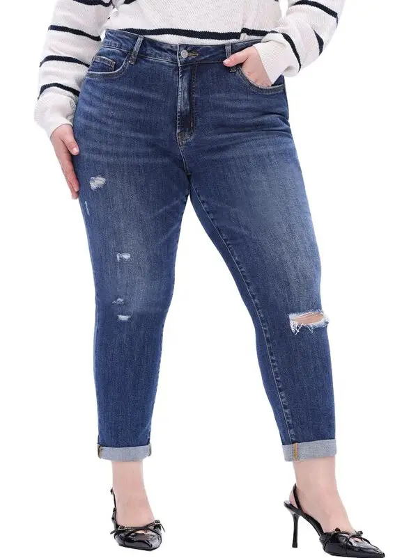 BAYEAS High-waist Distressed Straight Leg Jeans - Dark Blue