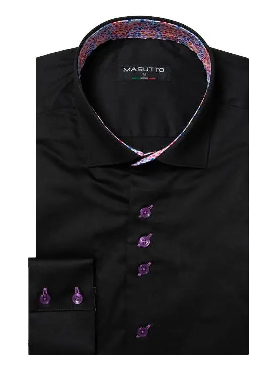 MASUTTO Lian Solid 3 Button-up Long Sleeve Shirt - Black