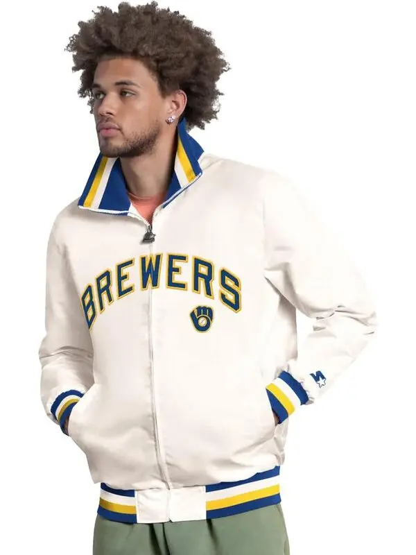 STARTER Milwaukee Brewers Cooperstown Logo Varsity Jacket - White