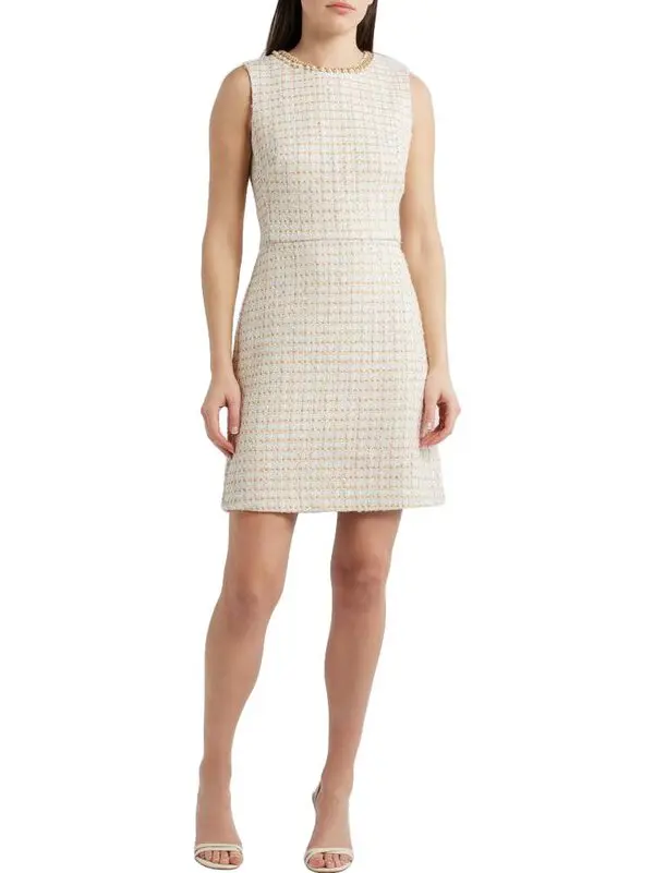 Eliza J Metallic Tweed Sleeveless Sheath Dress - Ivory