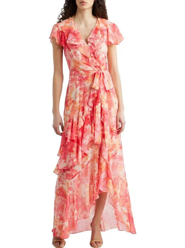Eliza J Floral Asymmetric Ruffle Maxi Dress - Pink Sorbe