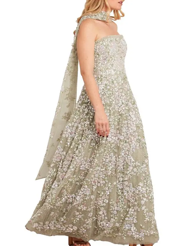 NEEDLE & THREAD Dream Garland Strapless Gown - Aloe/multi