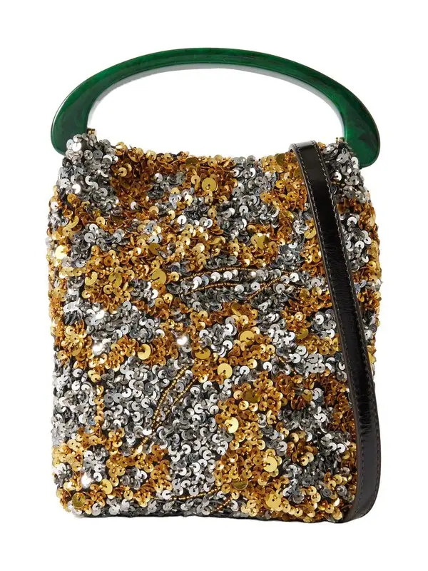 Dries Van Noten Leather-trimmed Embellished Satin-crepe Shoulder Bag - Silver
