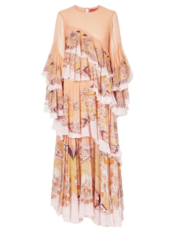 La DoubleJ Naiad Asymmetric Tiered Floral-print Maxi Dress - Orange
