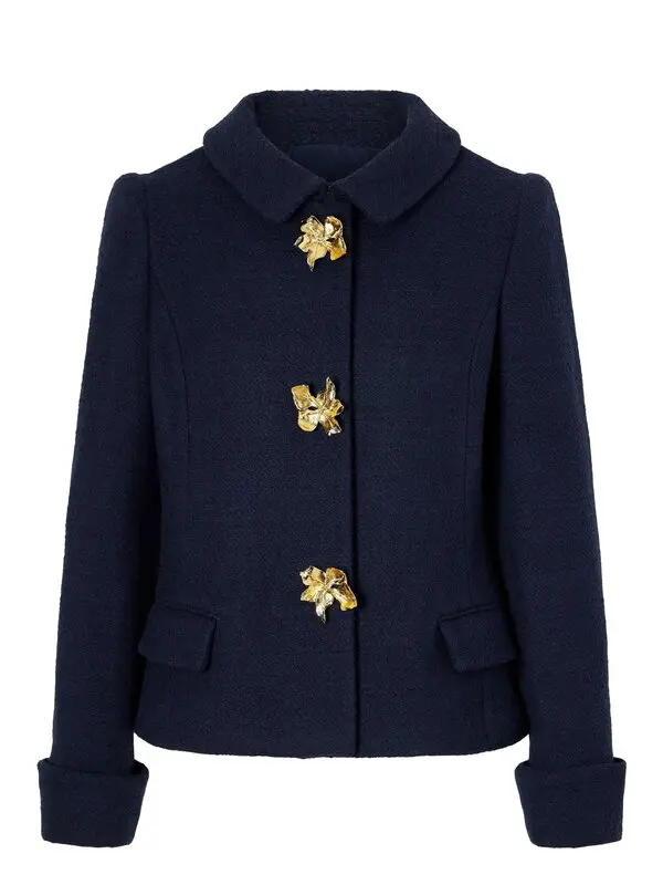 Oscar De La Renta Embellished Cotton And Wool-blend Tweed Jacket - Navy