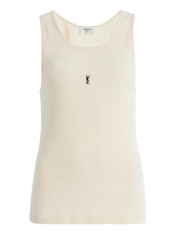 Saint Laurent Ribbed Cotton Tank Top With Embroidered Logo - White