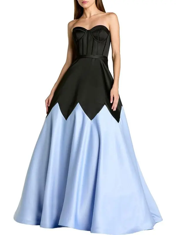 Mac Duggal Corset Strapless Colorblock Satin Ball Gown - Black Blue