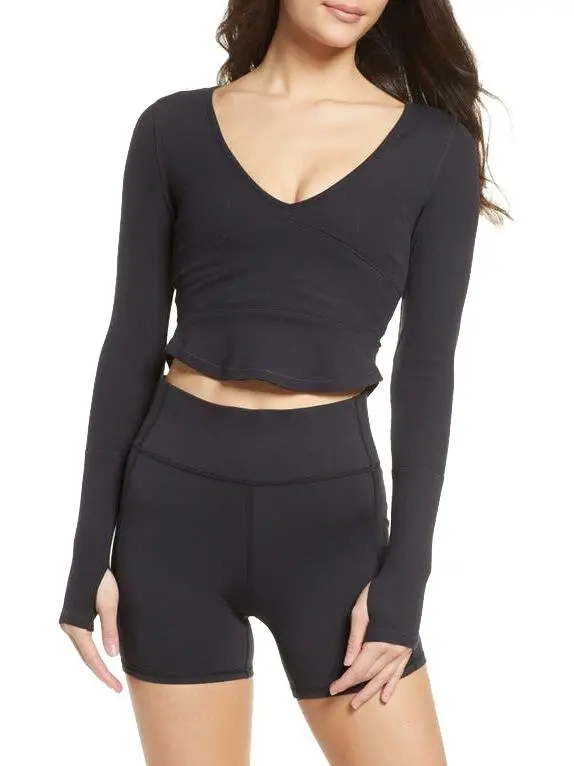 Free People Bow Down Long Sleeve Crop Top - Black