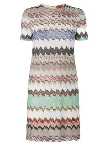 Missoni Viscose Lamé Zigzag Mini Dress With Short Sleeves - Green& Brown