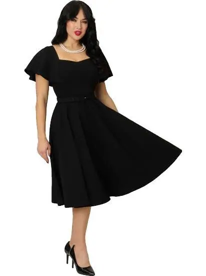 Unique Vintage Flutter Sleeve Belted Swing Dress - Solid Black