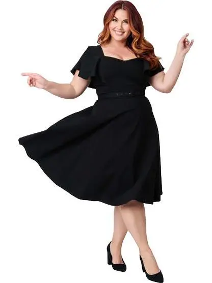 Unique Vintage Belted Flutter Sleeve Swing Dress - Solid Black