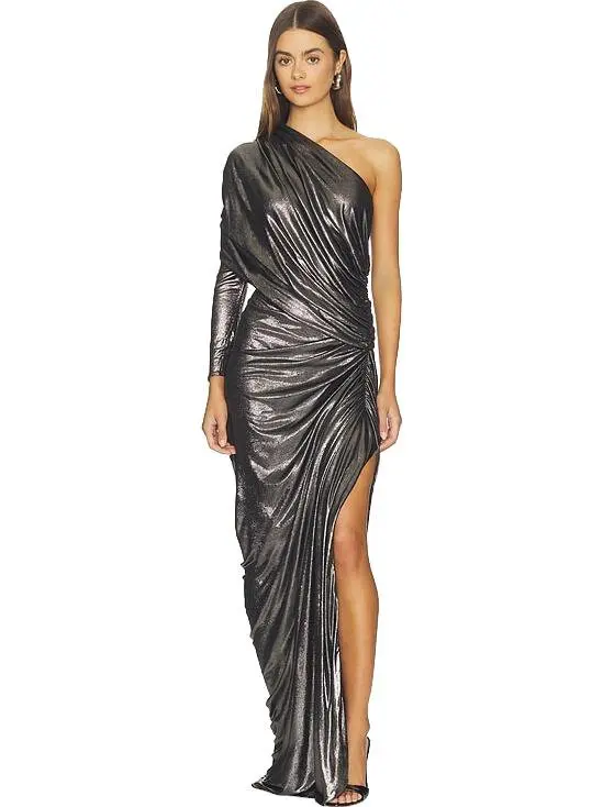 Atlein One Sleeve Draped Gown - Laminated Black Foil Silver