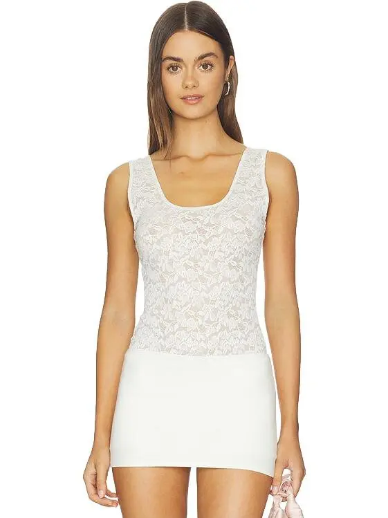 Good American Stretch Lace Scoop Tank Bodysuit - Chalk