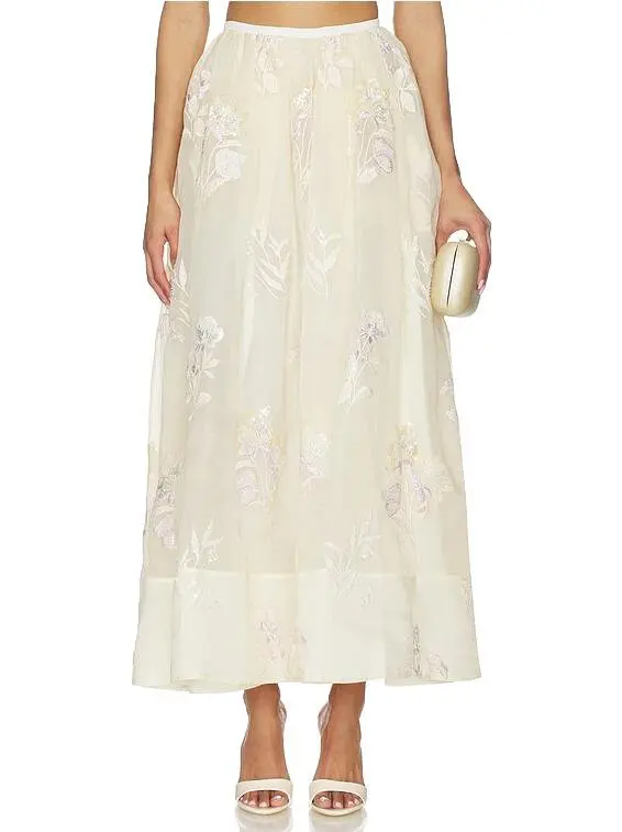 SAU LEE Valentina Sequin Embroidered Floral Organza Skirt - Lemon