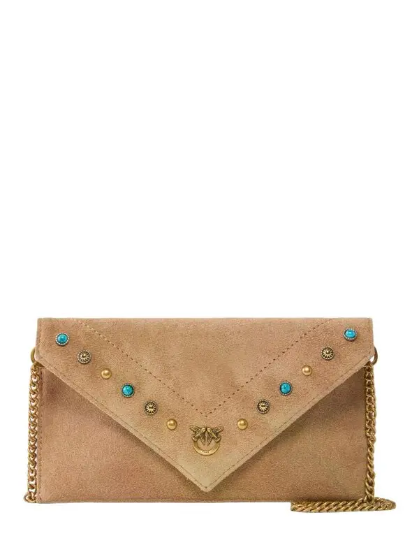 Pinko Small Suede Clutch With Studded Flap And Chain Strap - Neutrals