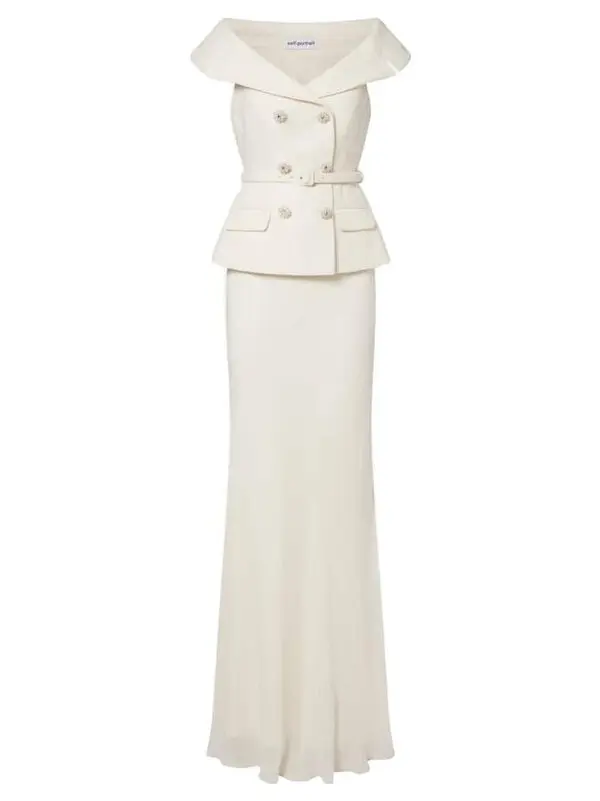 SELF-PORTRAIT Bouclé Peplum And Georgette Gown - White