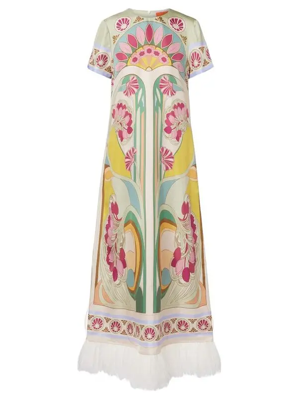 La DoubleJ Swing Feather-trimmed Silk Twill Maxi Dress - Multicoloured