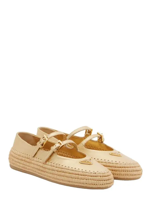 Prada Metallic Leather And Raffia Ballet Flats - Gold