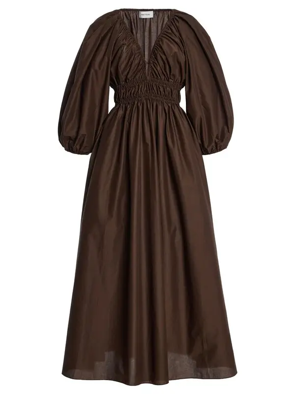 Matteau Shirred Cotton Plunge Midi Dress - Brown