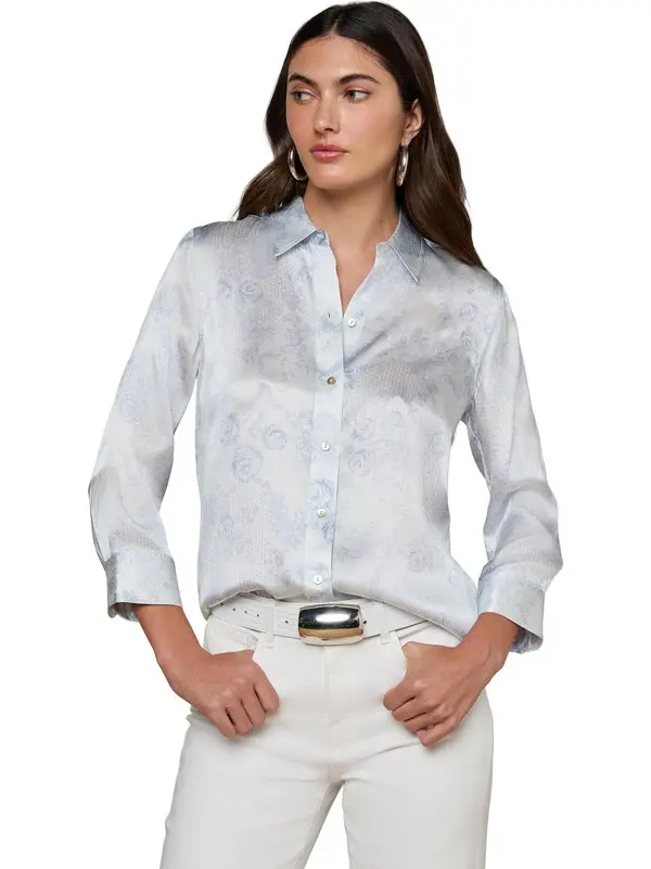 L'Agence Dani Silk Blouse Top - Ivory/pale Mist Blue Lace Print