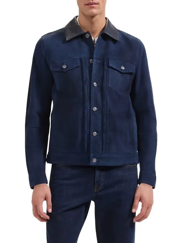 Bugatchi Leather Trucker Jacket - Navy