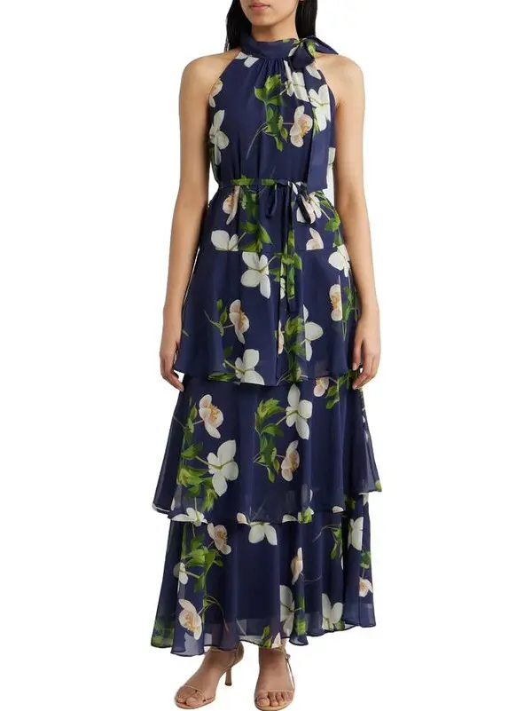 Julia Jordan Floral Tiered Gown With Tie Neck - Navy Multi