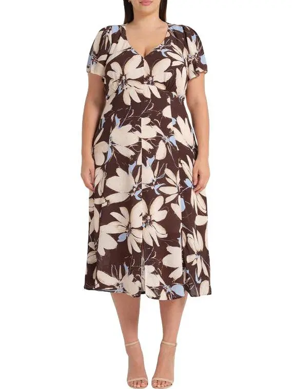 ESTELLE Caroline Floral Print Midi Dress - Bluebell/choc