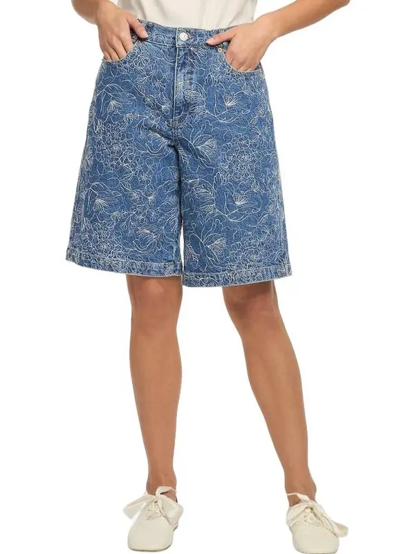 Cinq À Sept Betsy Garden Doodle Embroidered Bermuda Shorts - Salt Breeze/white