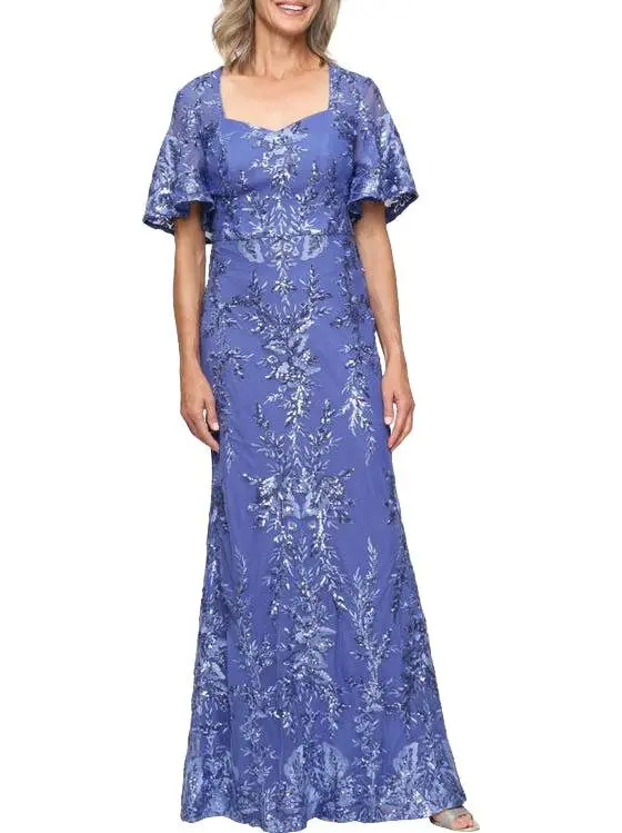 Alex Evenings Sequin Embroidered Mesh Gown - Cornflower