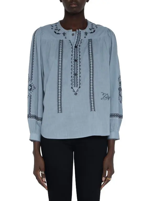 Zadig&Voltaire Tigy Long Sleeve Embroidered Cotton Top - Sky