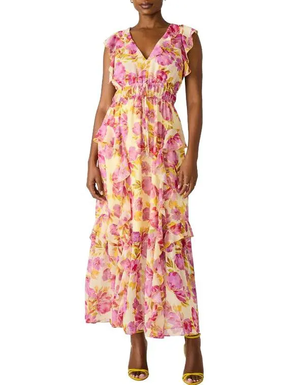 Steve Madden Floral Print Ruffle Maxi Dress - Ibis Rose