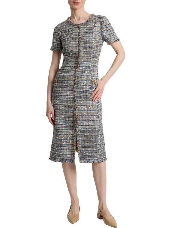 Santorelli Nisha Short Sleeve Midi Sheath Tweed Dress - Indigo