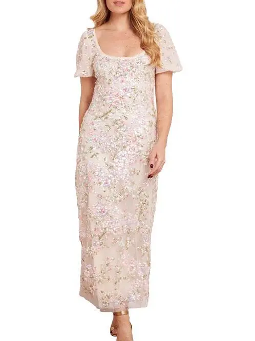 NEEDLE & THREAD Dream Garland Puff Sleeve Ankle Gown - Cream/multi
