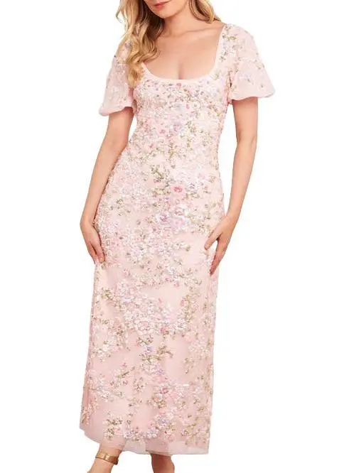 NEEDLE & THREAD Dream Garland Puff Sleeve Maxi Gown - Seashell/multi