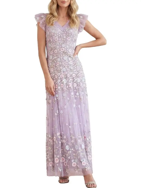 NEEDLE & THREAD Ethereal Blooms Short Sleeve Ankle Gown - Lavender/multi