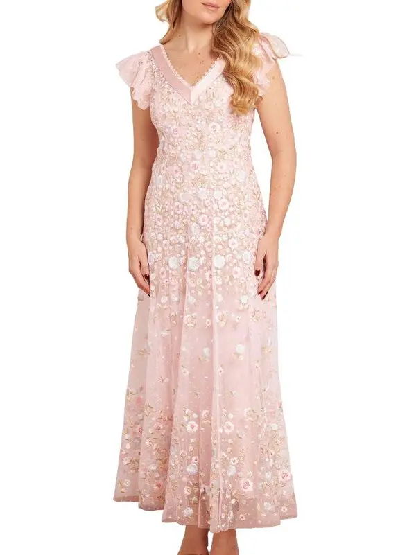 NEEDLE & THREAD Ethereal Blooms Short Sleeve Ankle Gown - Seashell/multi