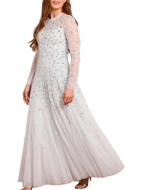 NEEDLE & THREAD Starry Nights Round Neck Gown - Ice Blue