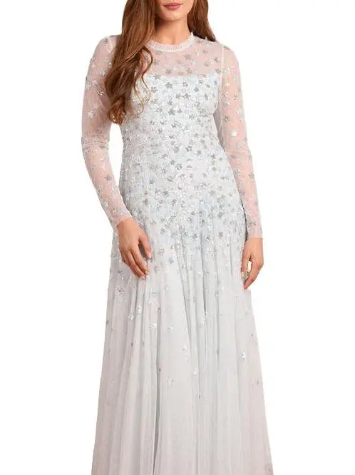 NEEDLE & THREAD Starry Nights Round Neck Gown - Ice Blue