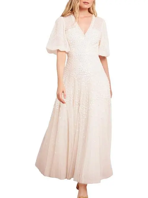 NEEDLE & THREAD Scallop Sequin V-neck Ankle Gown - Cream