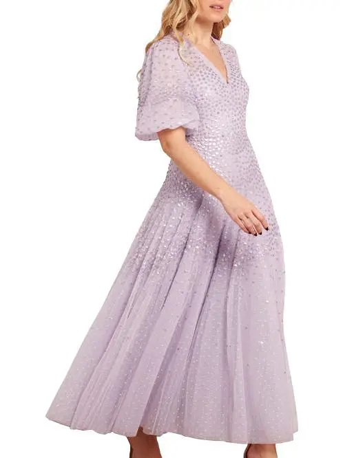 NEEDLE & THREAD Scallop Sequin V-neck Ankle Gown - Lavender