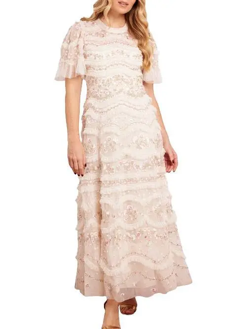 NEEDLE & THREAD Marina Ruffle Ankle Gown - Cream/multi