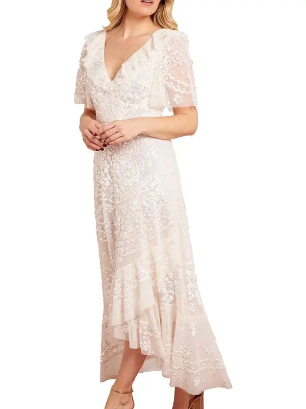 NEEDLE & THREAD Anais Sequin Frill Ankle Gown - Cream