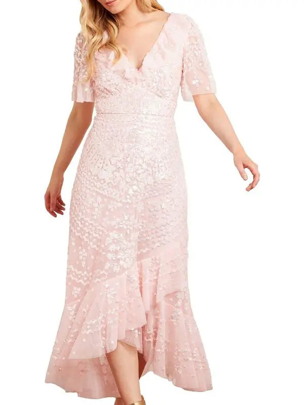 NEEDLE & THREAD Anais Sequin Frill Ankle Gown - Seashell