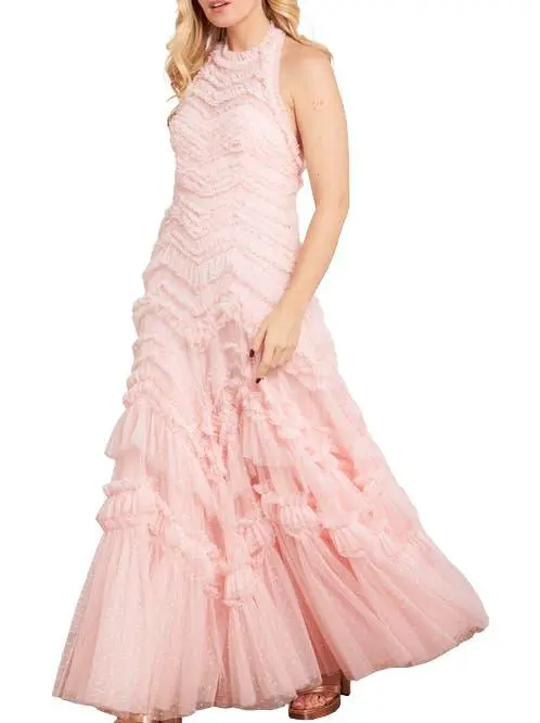 NEEDLE & THREAD Elia Halter Neck Ruffle Tulle Maxi Gown - Seashell
