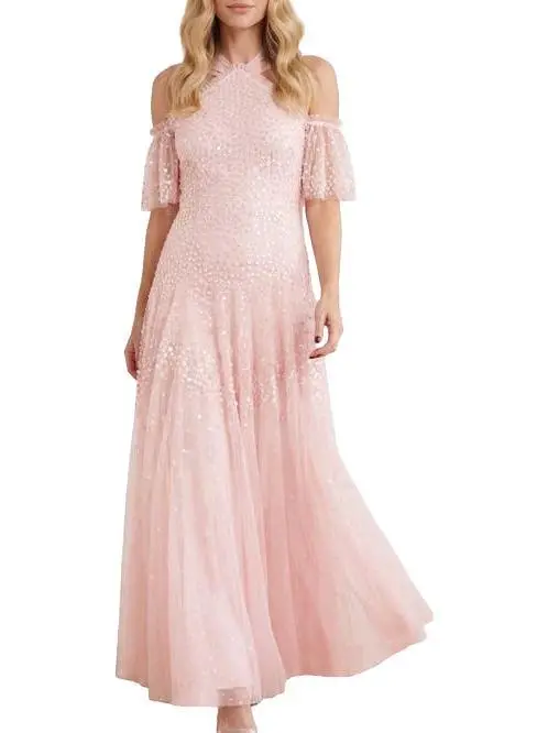 NEEDLE & THREAD Scallop Sequin Halter-neck Ankle Gown - Seashell