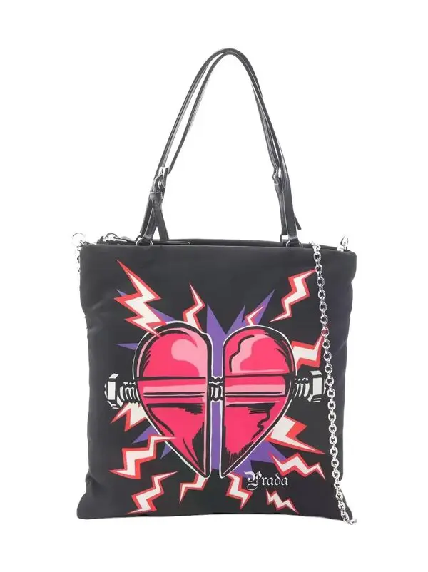 Prada 2010s Frankenstein Heart Print Tote - Black