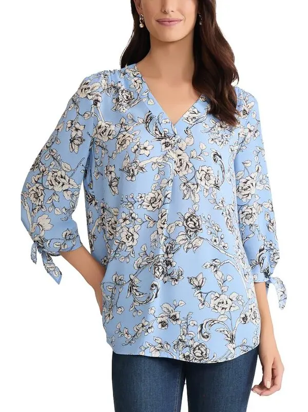 Jones New York Tie Sleeve V-neck Top - Chinz Blue Multi