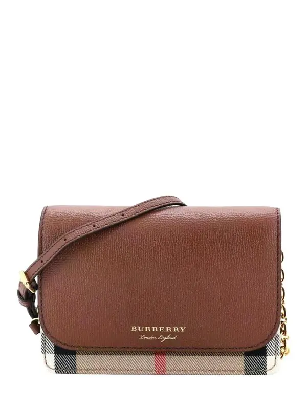 Burberry Hampshire Wallet On Chain Leather And House Check Canvas Crossbody Bag - Brown